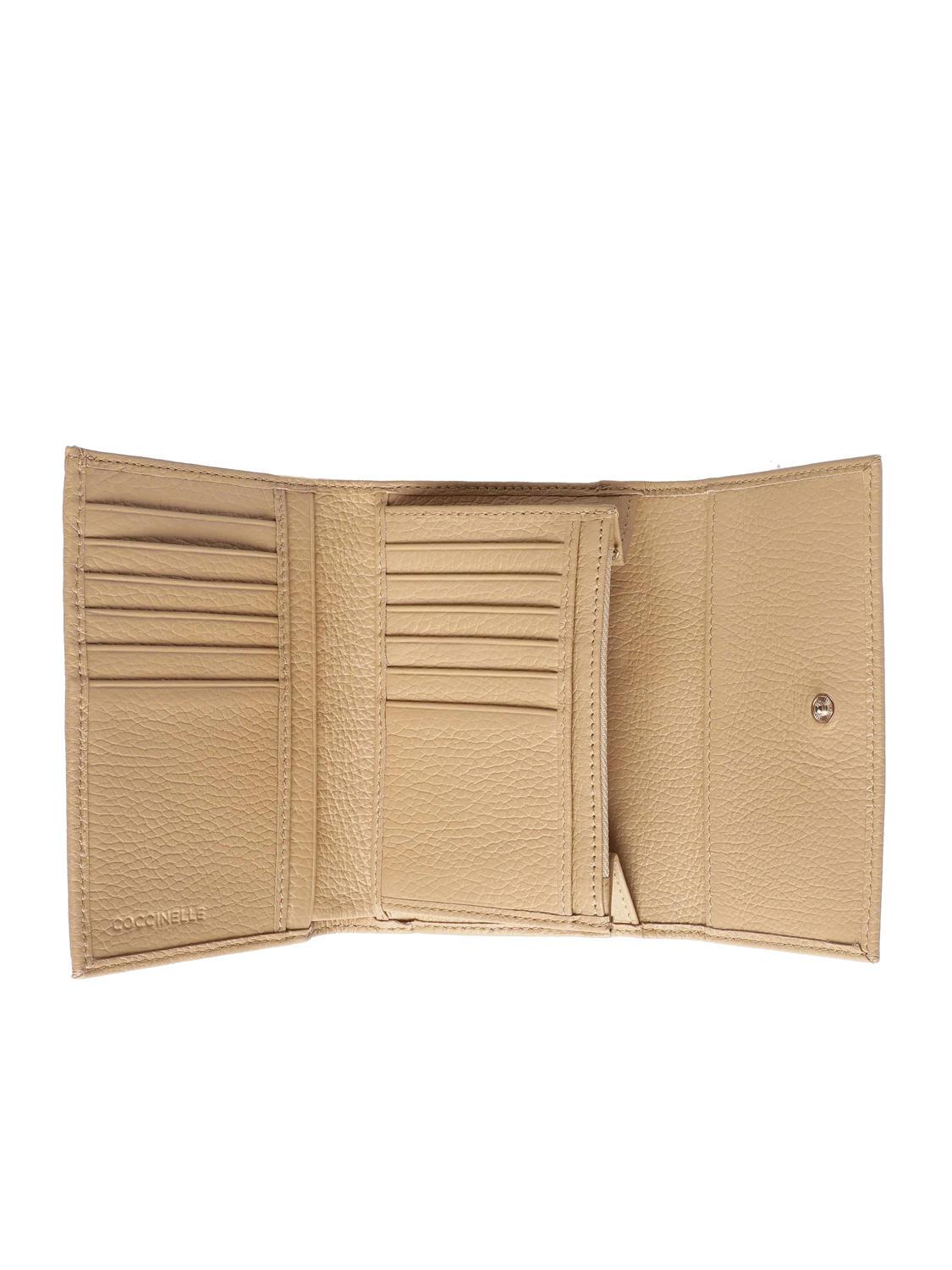Coccinelle Metallic Soft Portofel Dublu Din Piele Ciocanita Bej ...